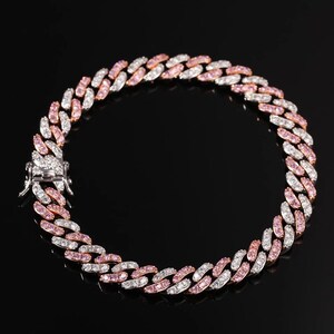 Pink Cuban Bracelet ,9mm Iced Out Silver /rose Gold Cuban Link With ...