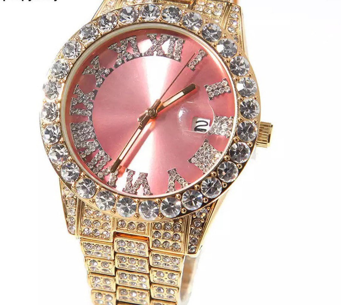 Gold Pink Watch THE HIP HOP Big Dial Full Iced Out men - Etsy