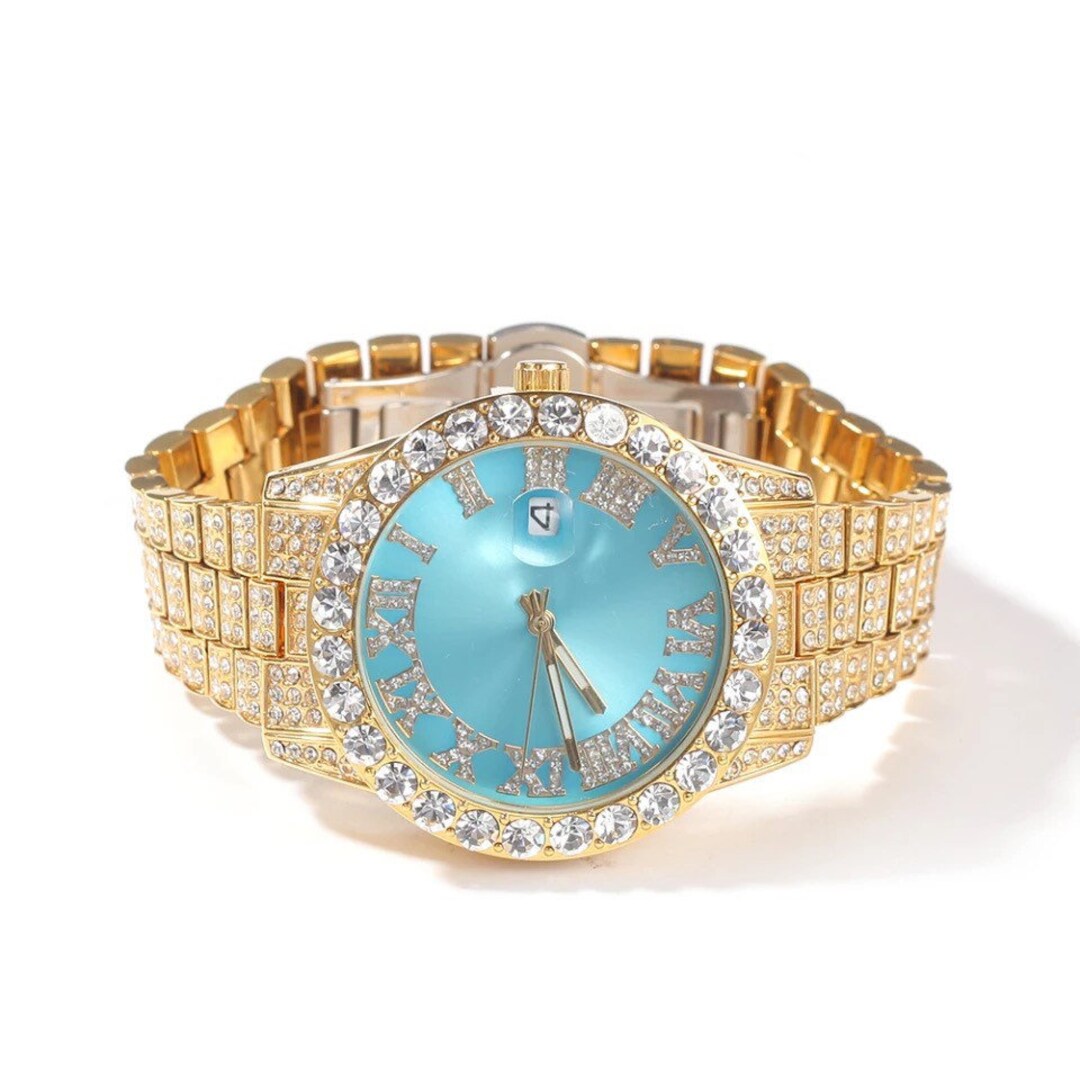 Gold Sky Blue Watch THE HIP HOP Big Dial Full Iced Out men - Etsy