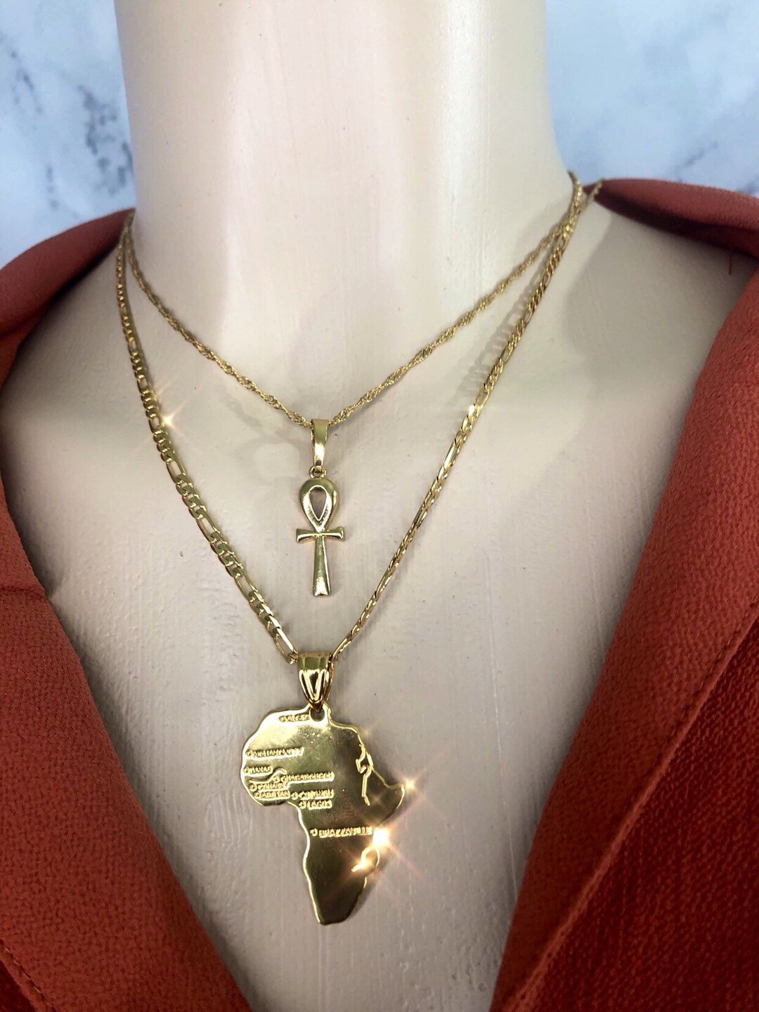 ANKH NECKLACE 24k Gold Plated and Free Africa Map Necklace,anhk ...