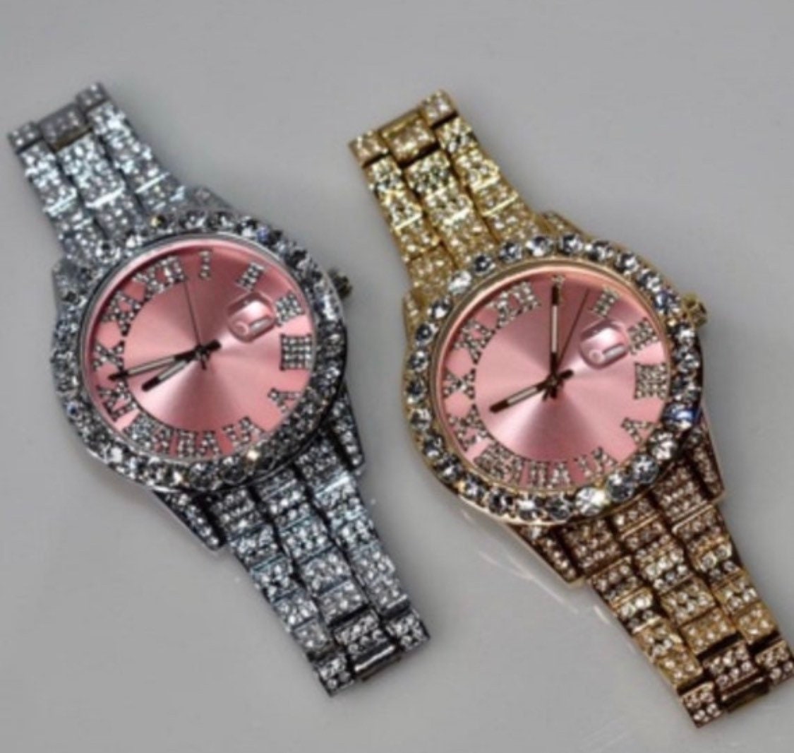 2 Piece SET Silver Pink Watch Blue Pink Watch Cuban - Etsy