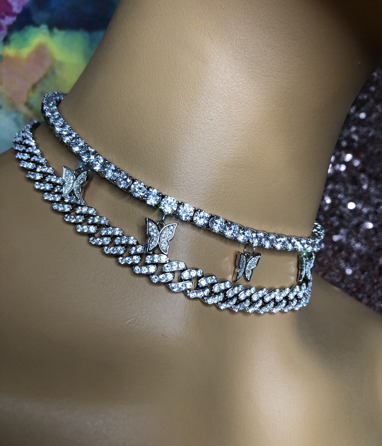 2 piece SET gold cuban butterfly tennis choker cz tennis | Etsy