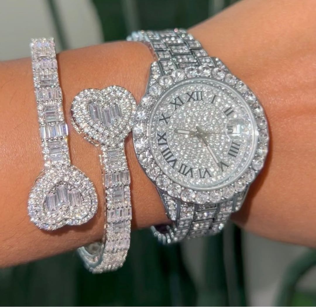 2 Piece SET Silver Watch and Heart Cuff Baguette Bracelet - Etsy