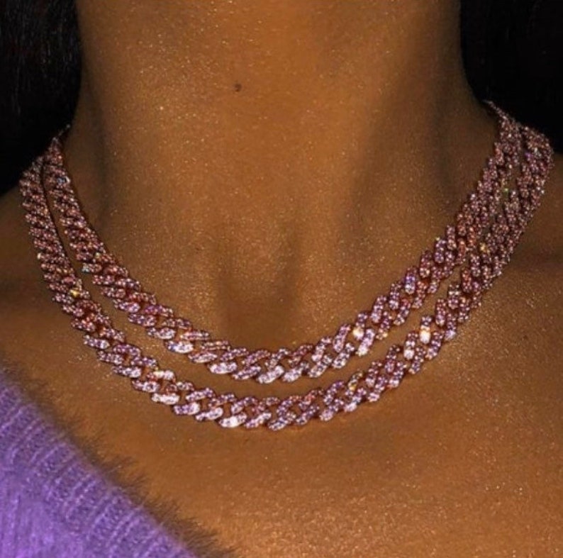2 Piece SET Mini Pink and Rosegold Miami Cuban Link Chain - Etsy