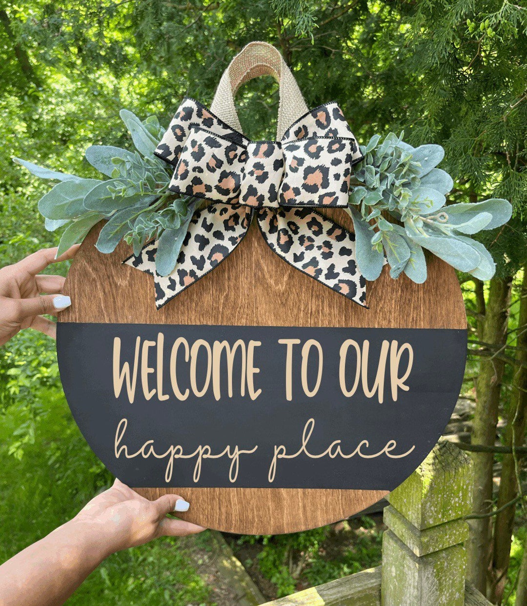 Welcome to Our Happy Place Door Hanger | Round Wooden Door Hanger ...