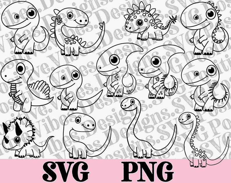 Cute Dinosaur SVG Bundle PNG, Outline Dinosaur Clipart, Digital Stamps ...