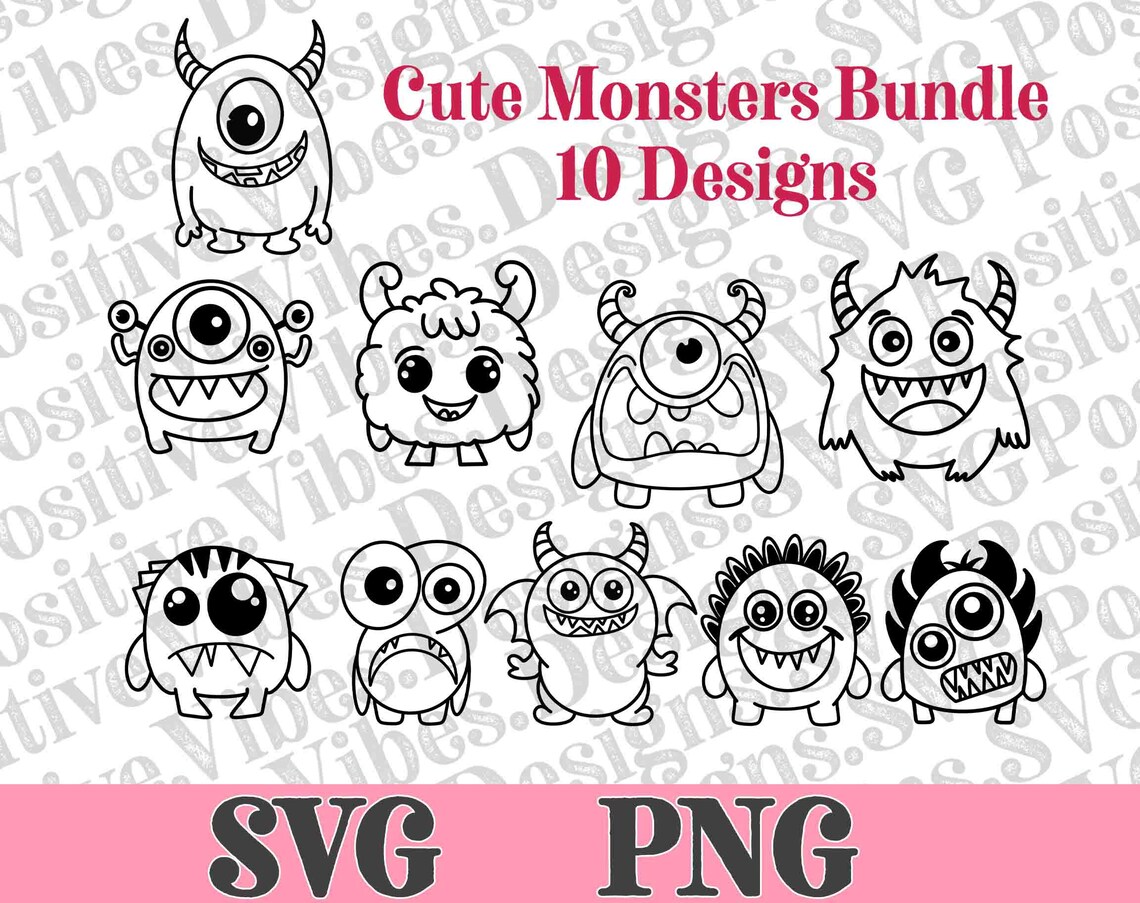 Cute Monsters Bundle SVG PNG , Outline Monsters Clipart , Monsters ...