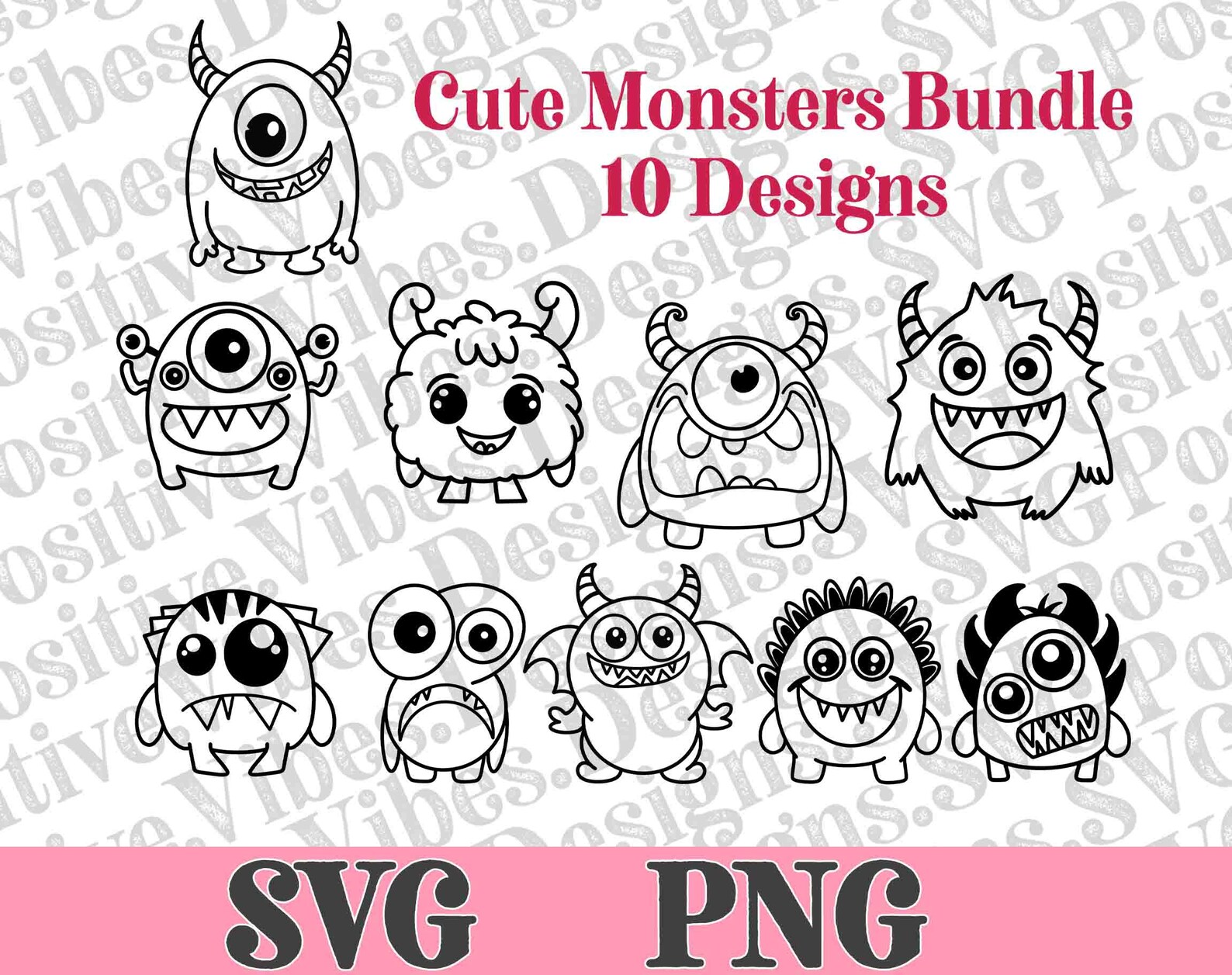 Cute Monsters Bundle SVG PNG , Outline Monsters Clipart , Monsters ...