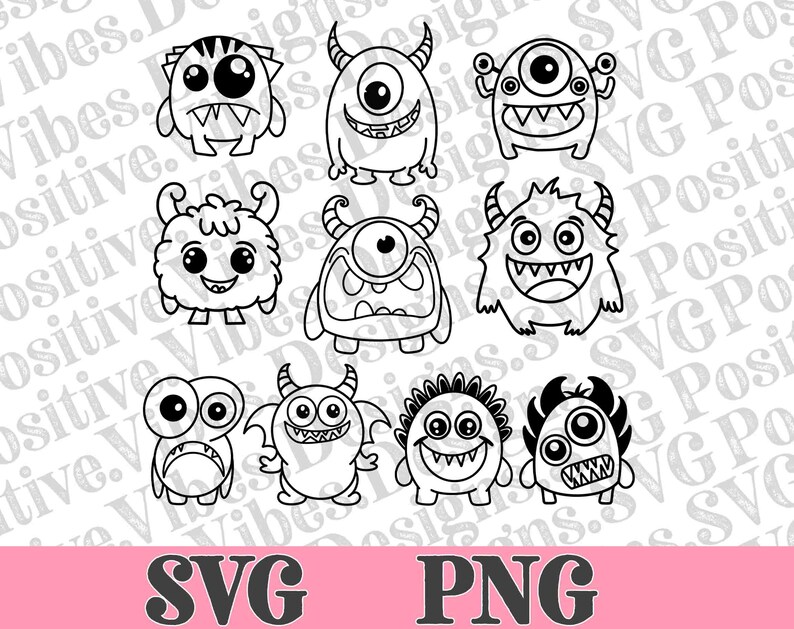 Cute Monsters Bundle SVG PNG , Outline Monsters Clipart , Monsters ...