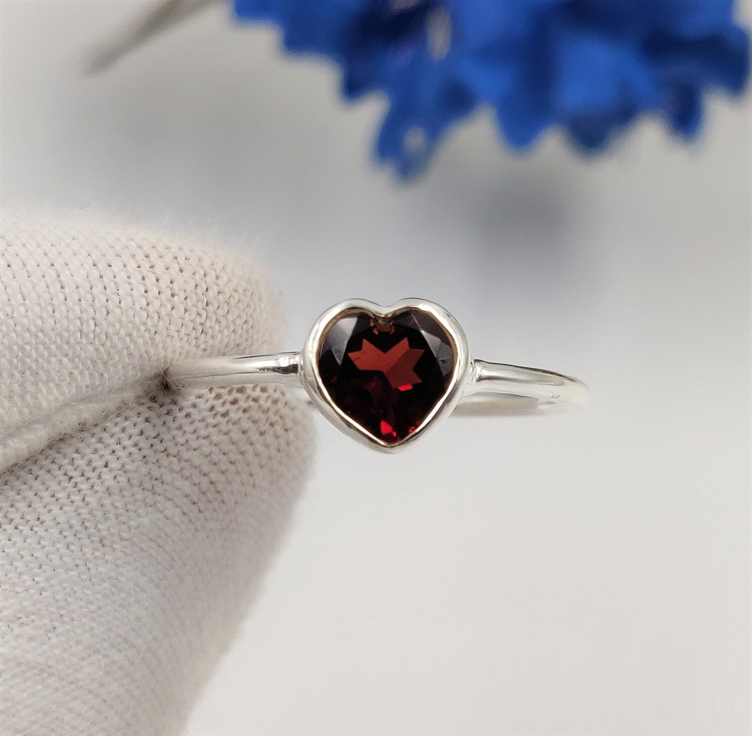 Genuine Natural Garnet Ring - Solid 925 Sterling Silver Garnet Heart ...