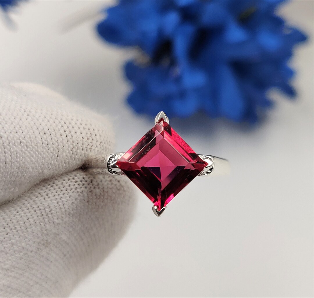 Stunning Pink Tourmaline Square Solitaire Ring - Solid 925 Sterling ...