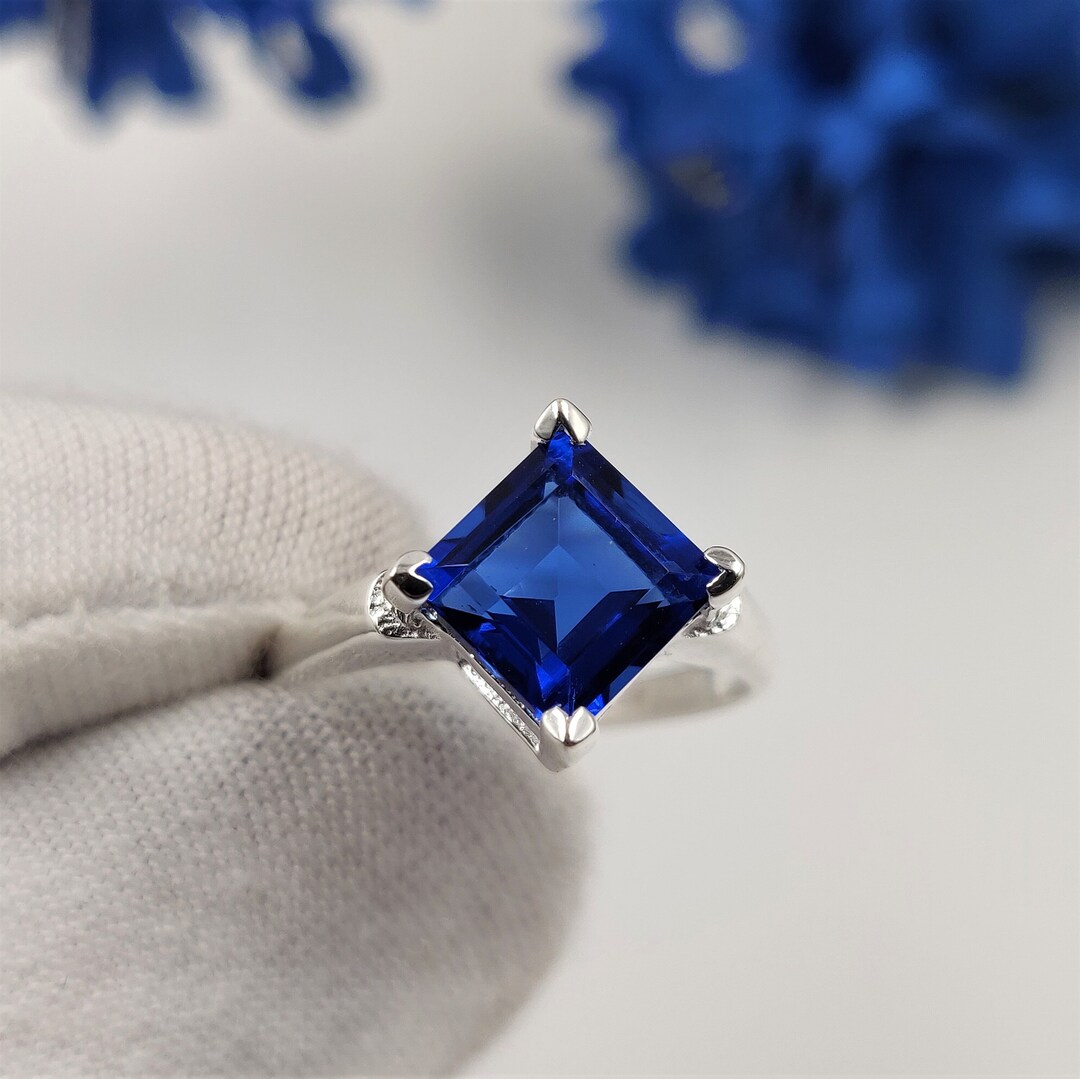 Amazing Blue Sapphire Square Ring - Solid 925 Sterling Silver Handmade ...