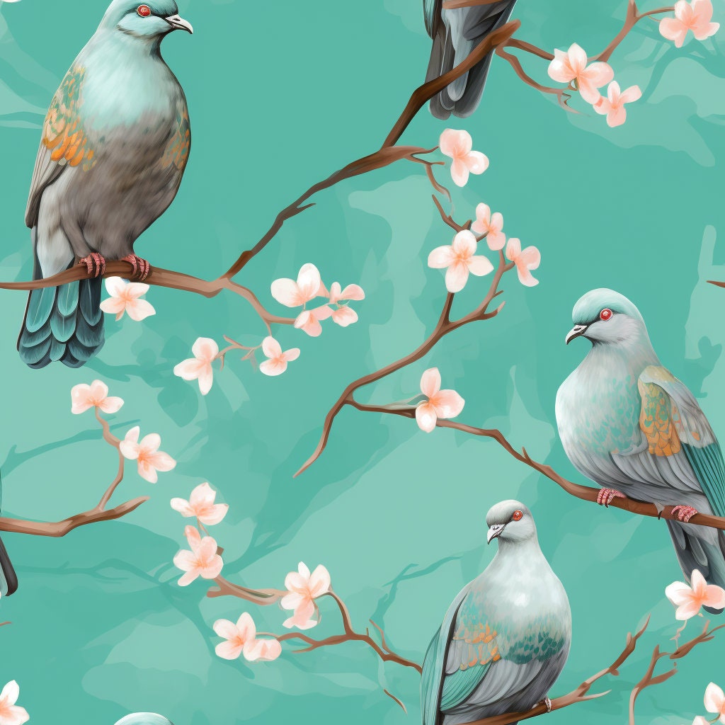 Seamless Watercolour Pigeons Digital Paper, Birds and Flowers Seamless ...