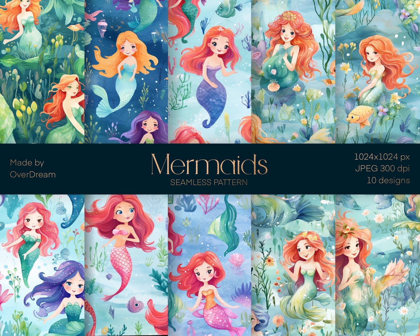 Mermaid Digital Paper, Mermaid Seamless Pattern, Marin Life Paper Pack ...