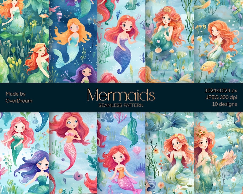 Mermaid Digital Paper, Mermaid Seamless Pattern, Marin Life Paper Pack ...