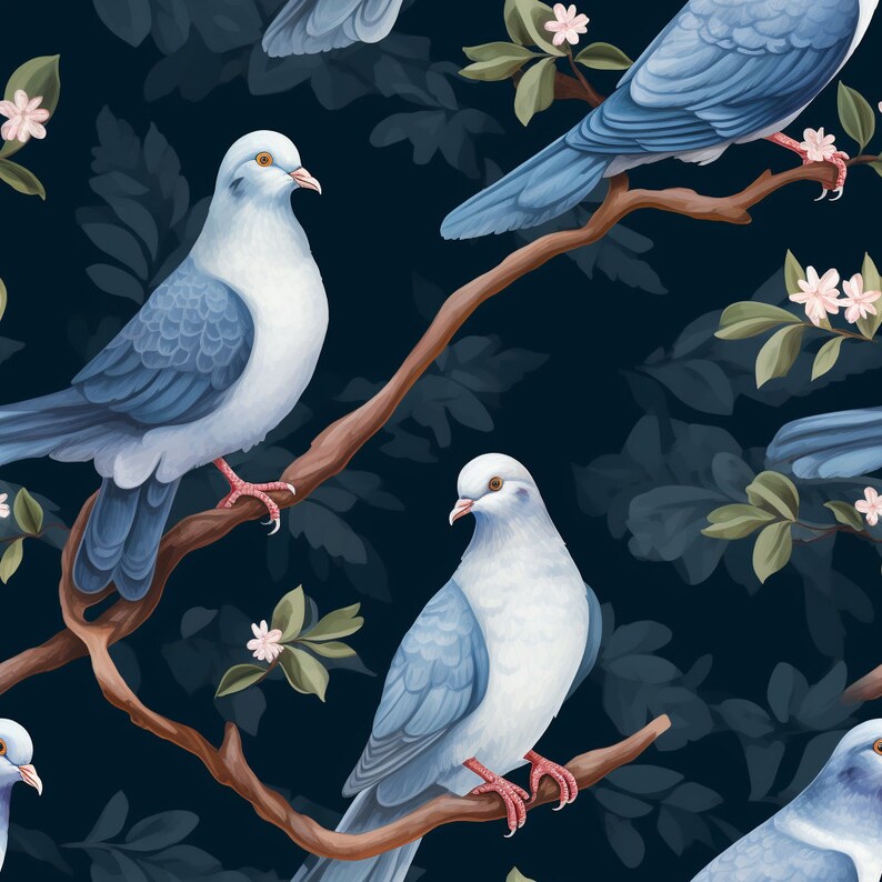 Seamless Watercolour Pigeons Digital Paper, Birds and Flowers Seamless ...