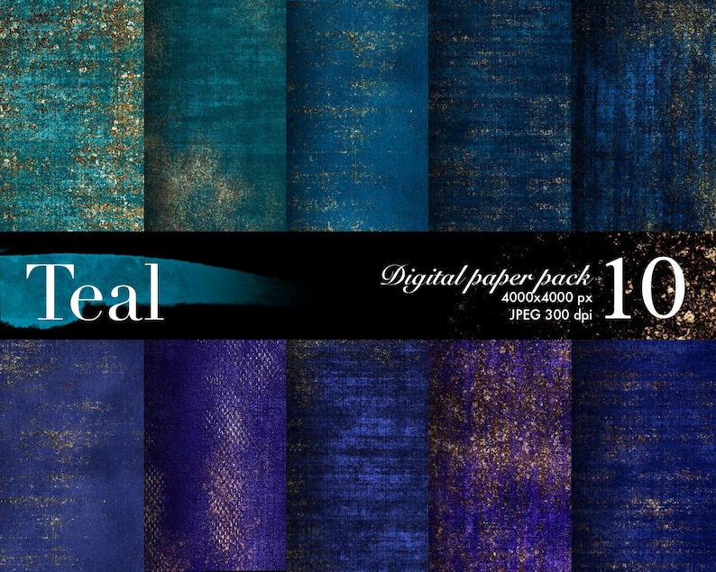 Teal Blue Texture Digital Paper, Golden Bronze Glitter (digital ...