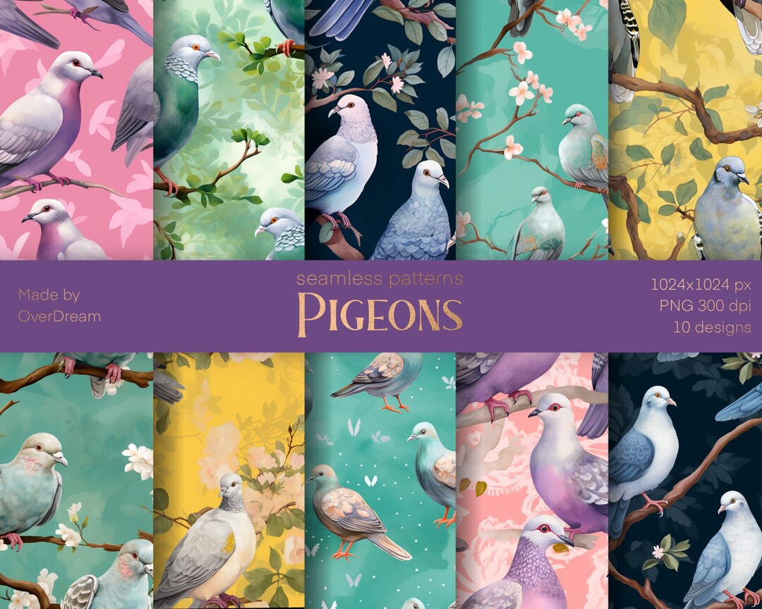 Seamless Watercolour Pigeons Digital Paper, Birds and Flowers Seamless ...