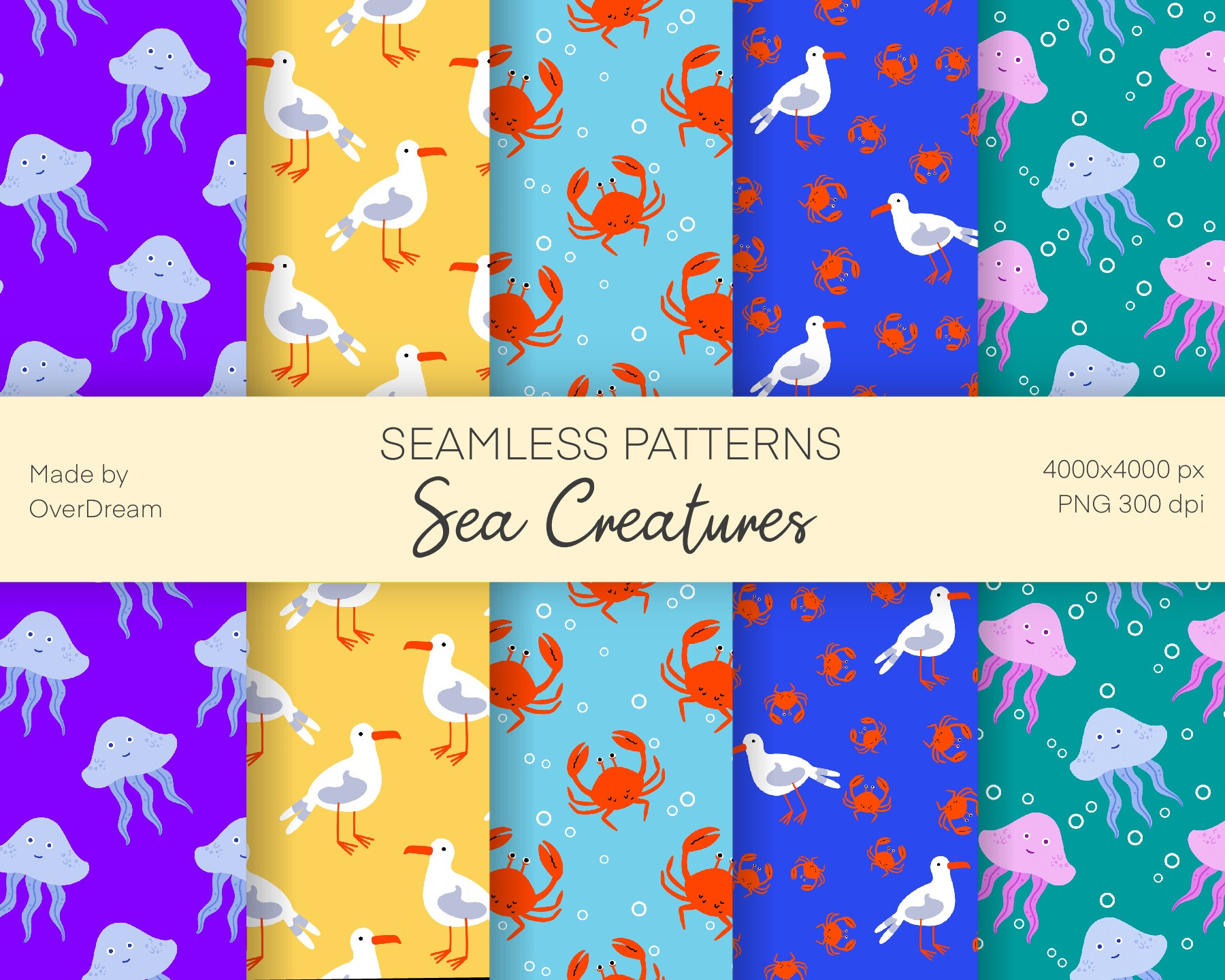 Sea Creatures Seamless Pattern Set, Texture Pack, Printable Wrapping ...