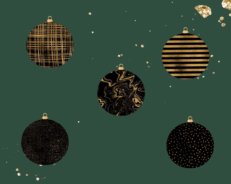 Christmas Ornaments Clipart, Black and Gold Stickers, Festive Images ...