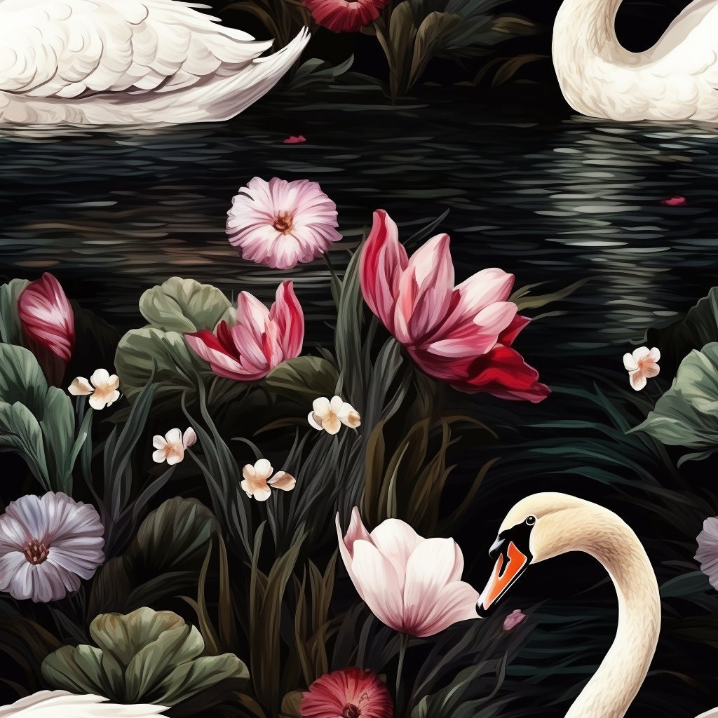 Seamless Watercolour SWAN Digital Paper, Birds Seamless Pattern, Dark ...