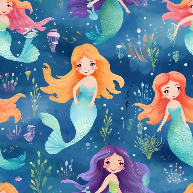 Mermaid Digital Paper Mermaid Seamless Pattern Marin Life - Etsy