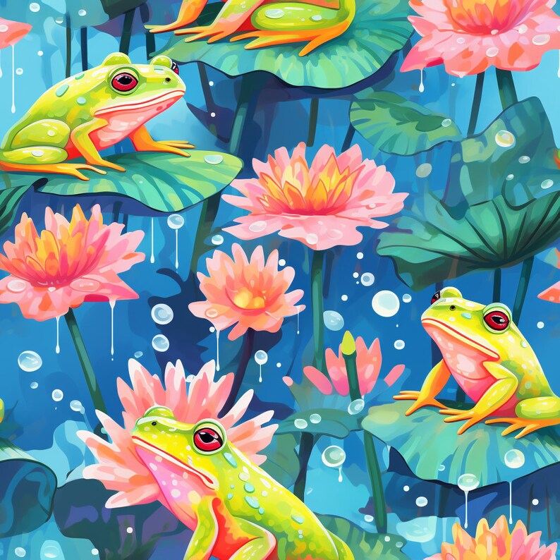 Happy Frogs, Digital Paper, Lilly Seamless Pattern, Floral Collage ...