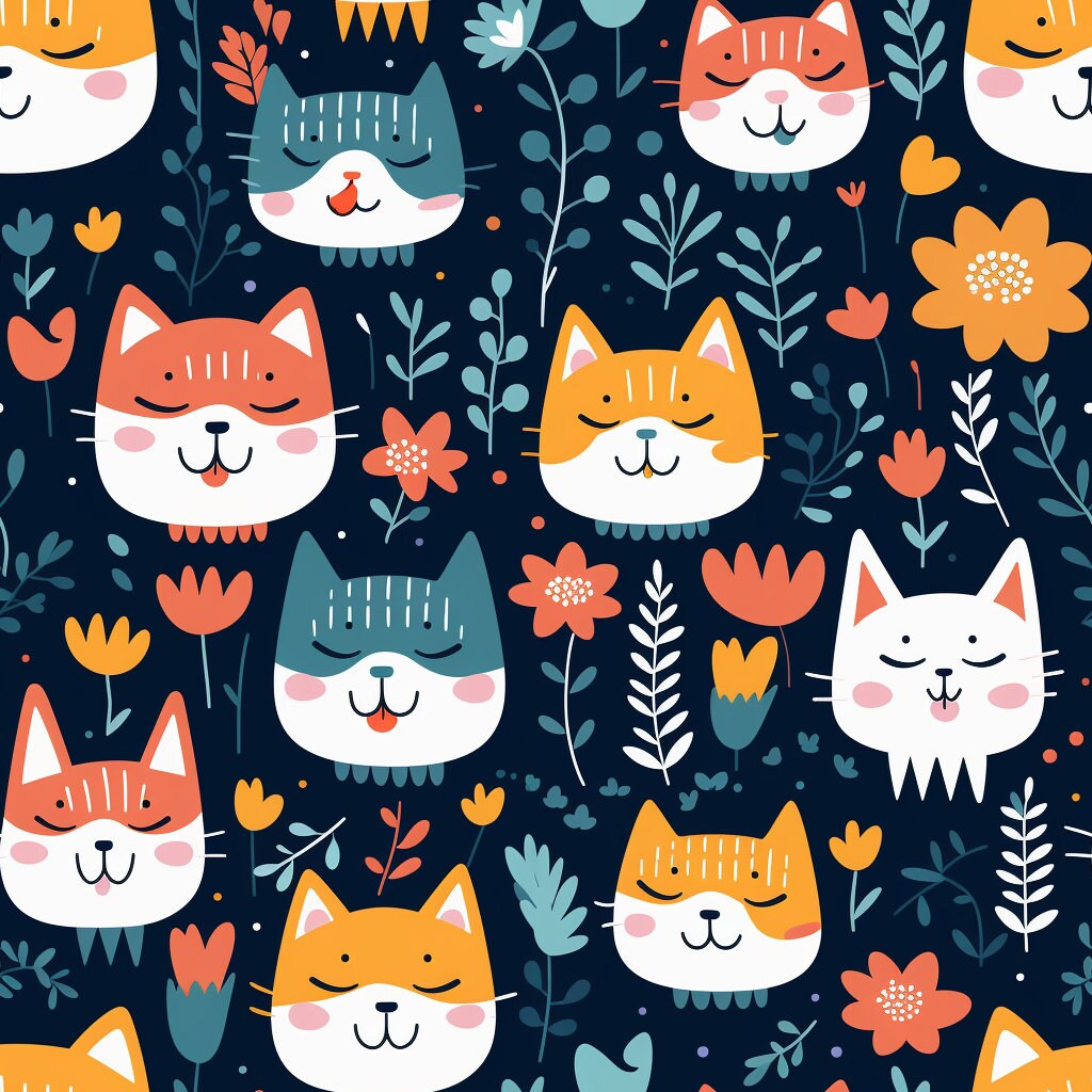 Happy Cats Seamless Pattern, Printable Wrapping Paper, Cats Decor ...
