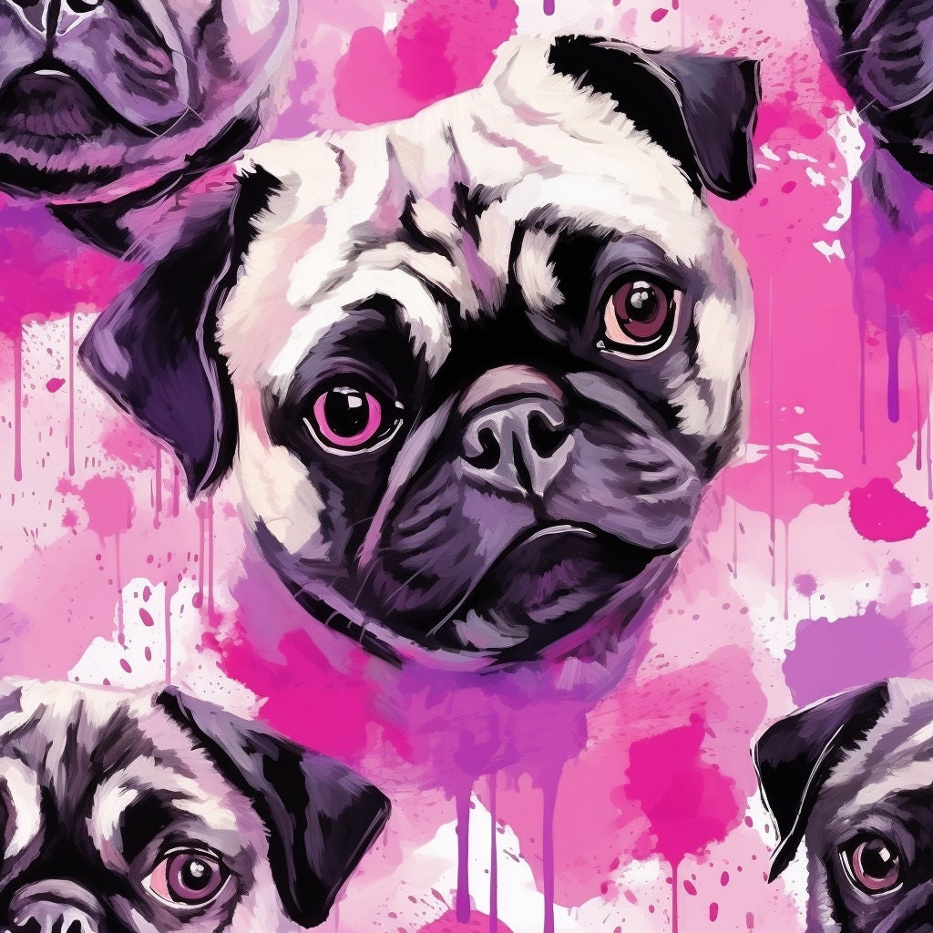 Seamless Watercolour Pugs Digital Paper, Mops Seamless Pattern, Pink ...