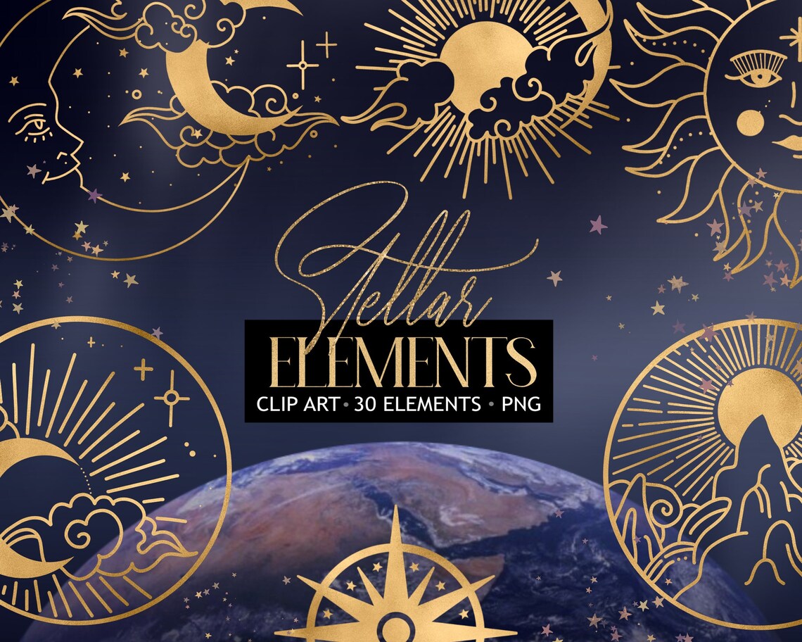 Stellar Elements Clipart, Magic Book, Astrology Clip Art, Moon Stickers ...