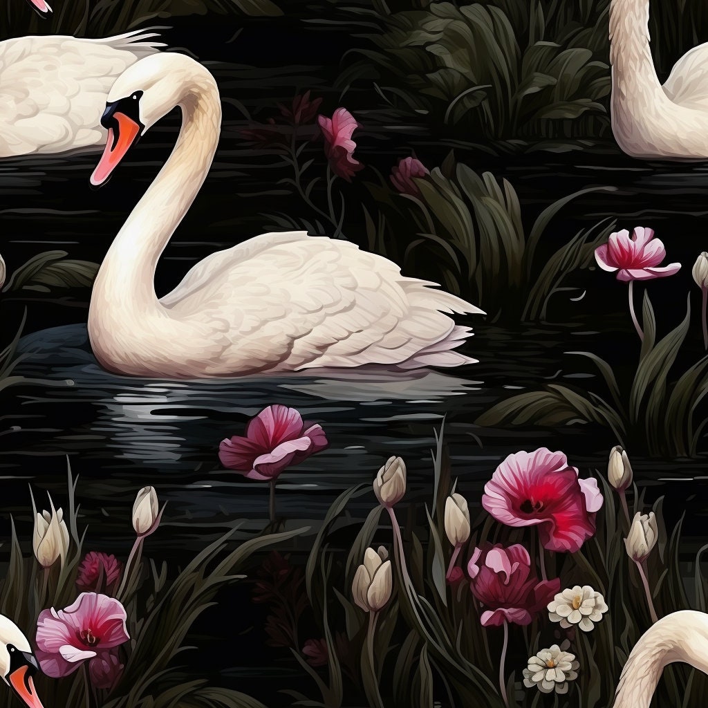 Seamless Watercolour SWAN Digital Paper, Birds Seamless Pattern, Dark ...