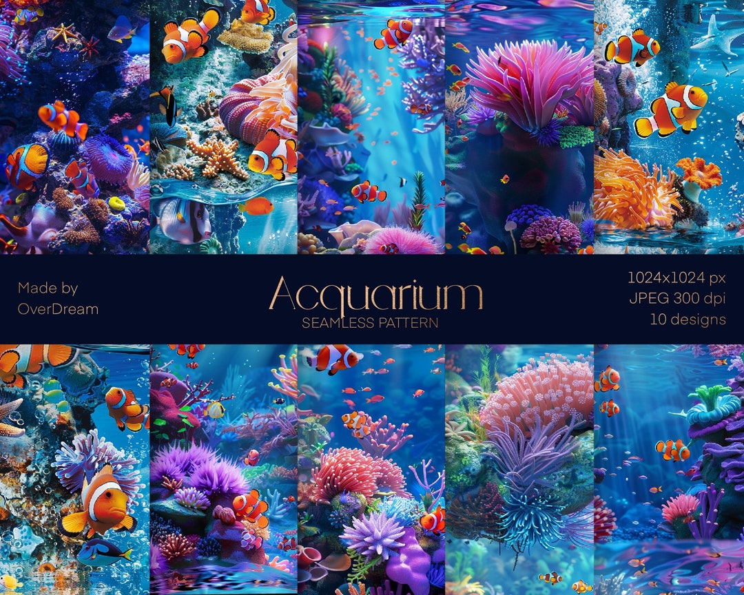 Acquarium Digital Paper, Marine Life Seamless Pattern, Corals and Fish ...