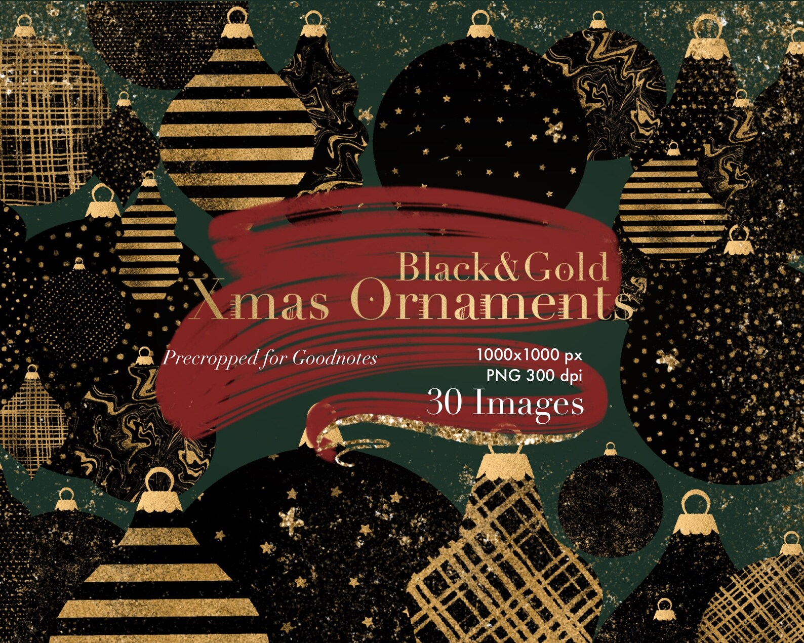 Christmas Ornaments Clipart, Black and Gold Stickers, Festive Images ...