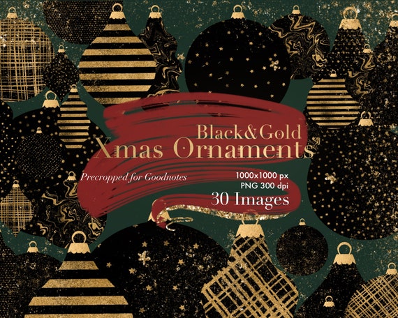 Christmas Ornaments Clipart Black and Gold Stickers Festive | Etsy