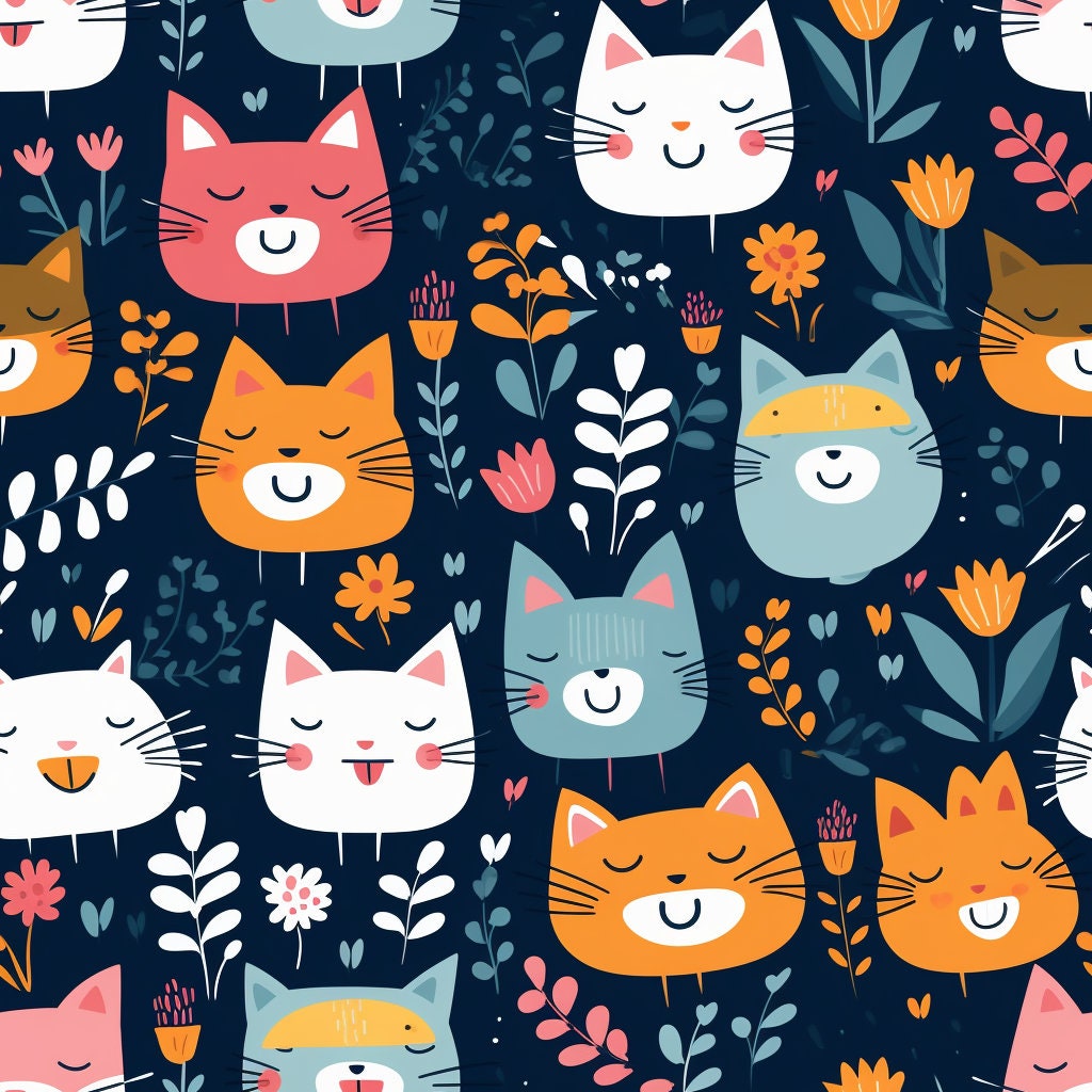 Happy Cats Seamless Pattern, Printable Wrapping Paper, Cats Decor ...