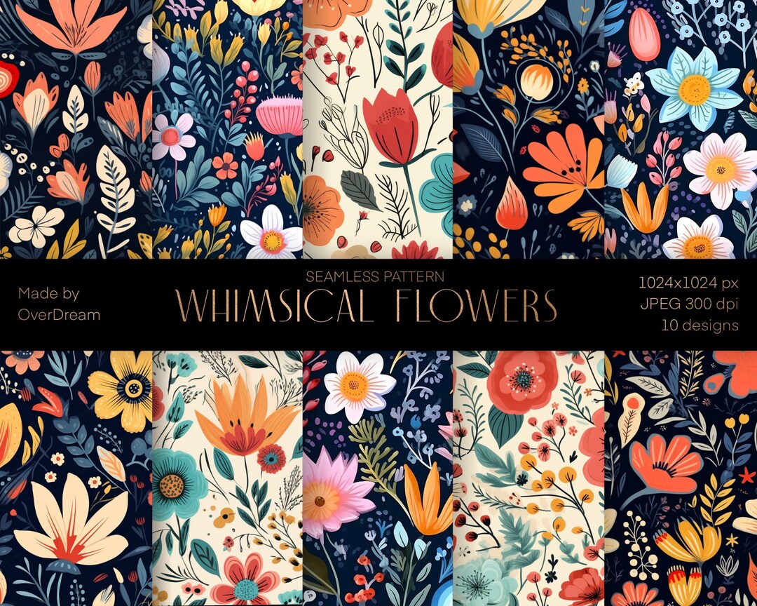 Whimsical Flowers Digital Paper, Seamless Pattern, Print Papers, Flower ...