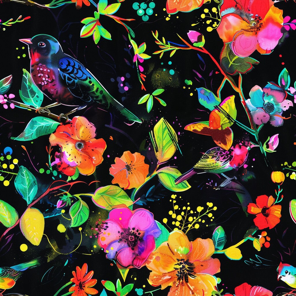 Neon Birds Digital Paper, Printable File, Botanical Elements Seamless ...