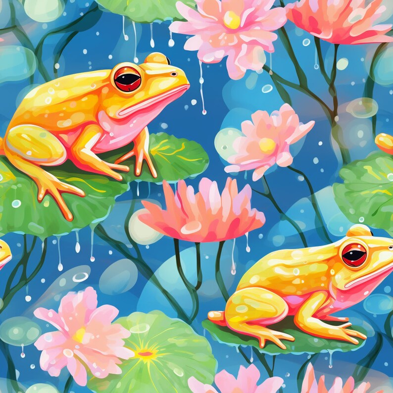 Happy Frogs, Digital Paper, Lilly Seamless Pattern, Floral Collage ...