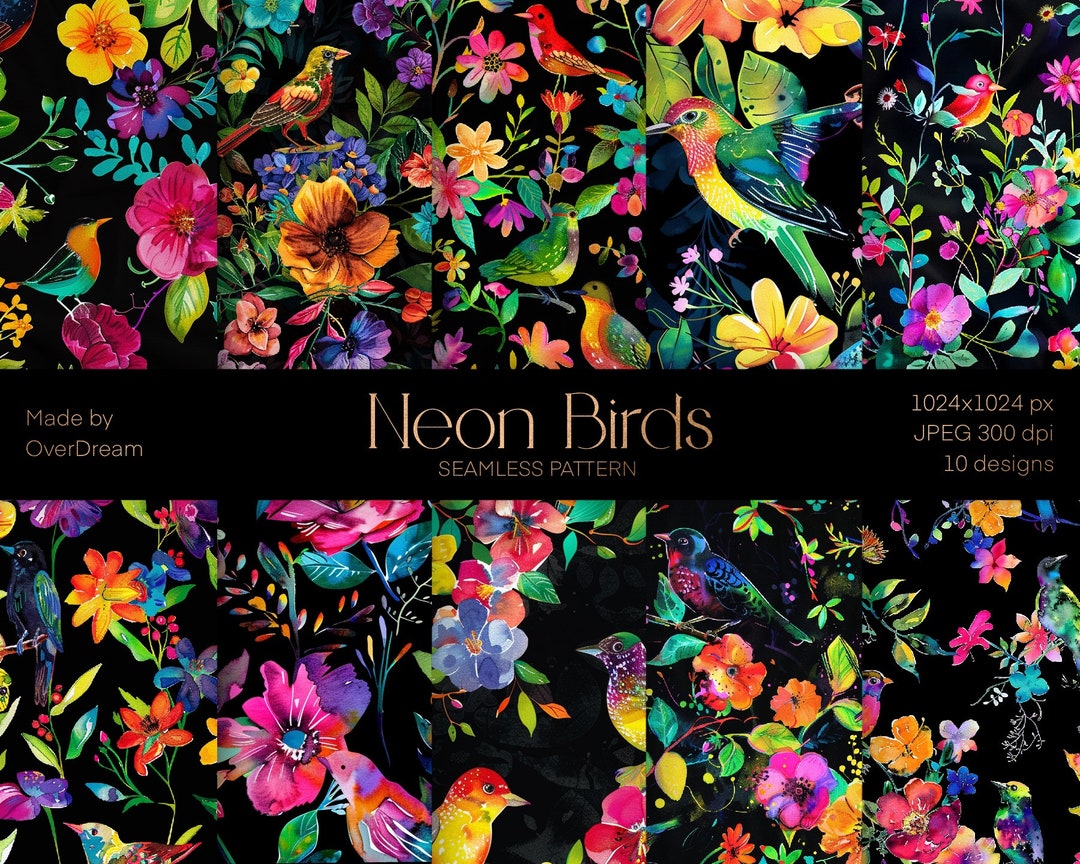 Neon Birds Digital Paper, Printable File, Botanical Elements Seamless ...