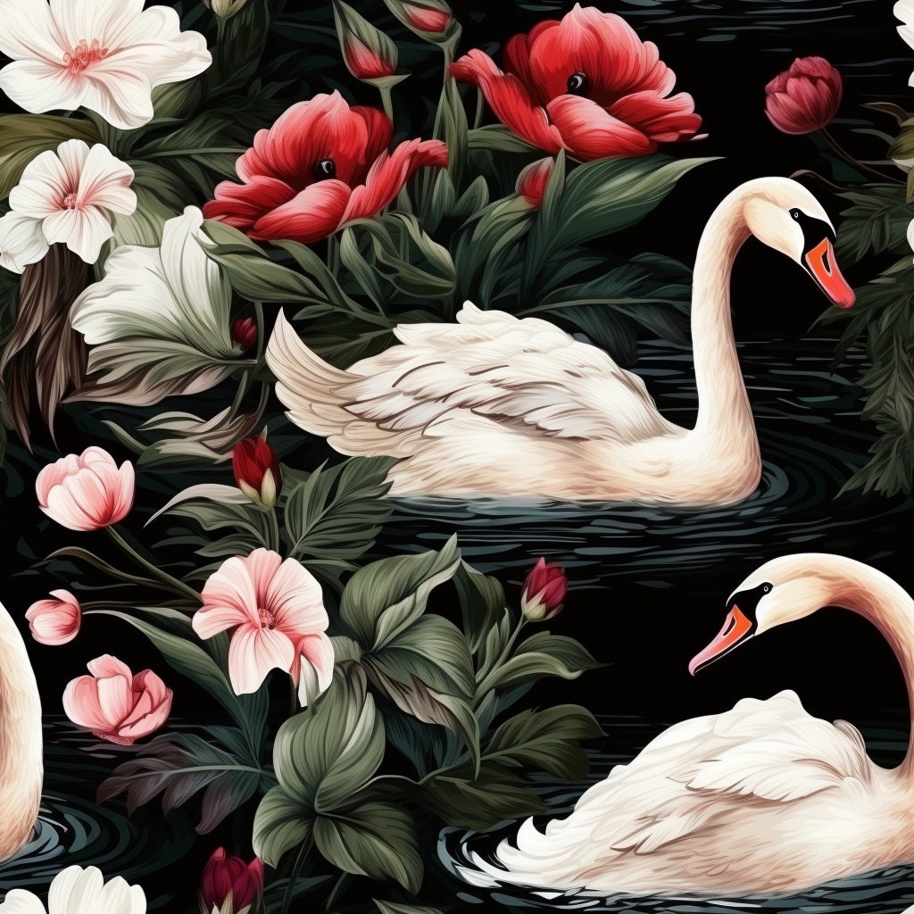 Seamless Watercolour SWAN Digital Paper, Birds Seamless Pattern, Dark ...