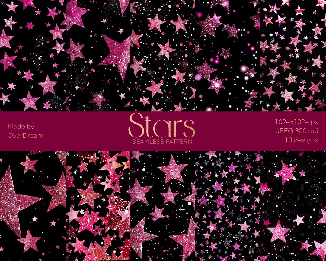 Stars Digital Paper, Pink Glitter Seamless Pattern, Glitter Paper Pack ...