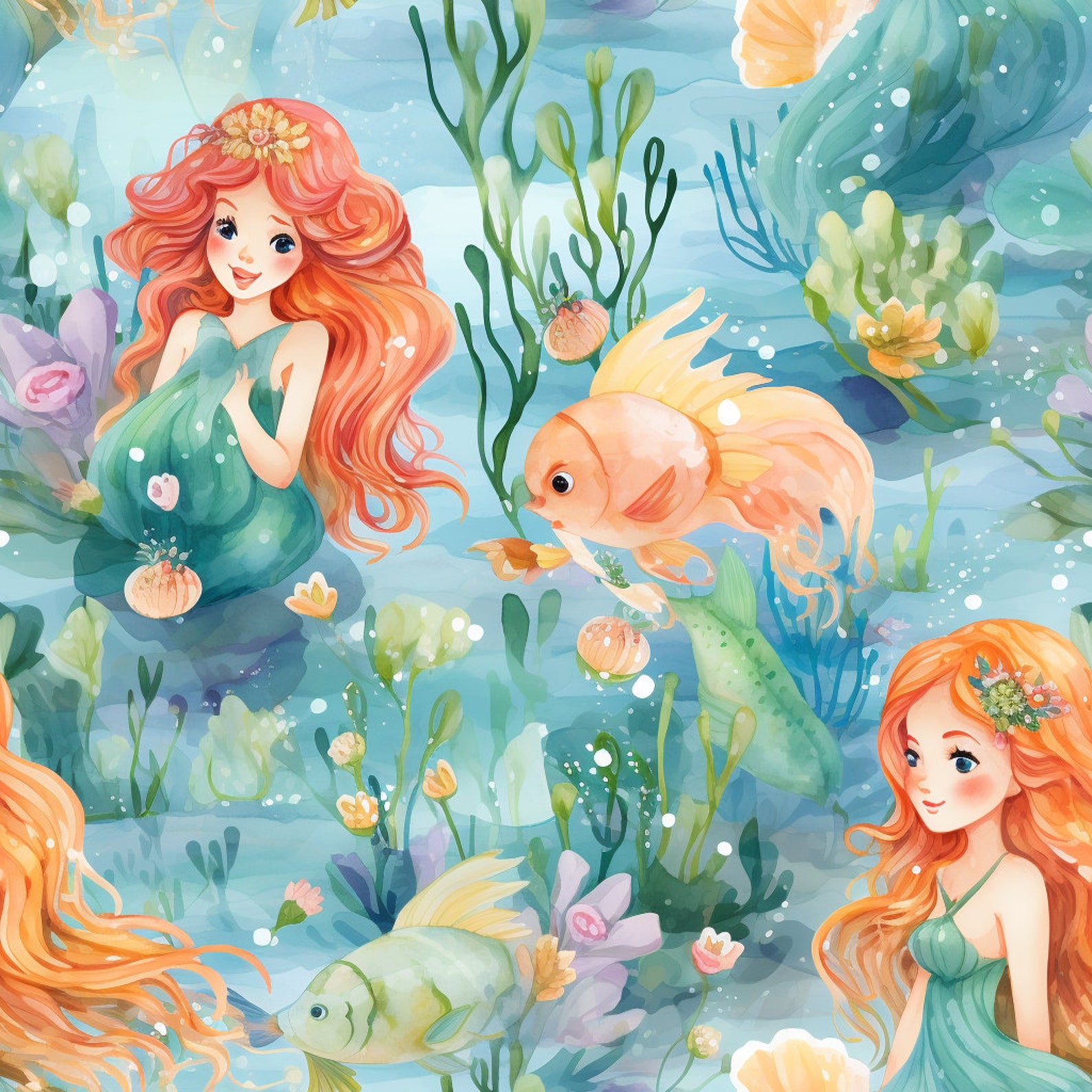 Mermaid Digital Paper, Mermaid Seamless Pattern, Marin Life Paper Pack ...