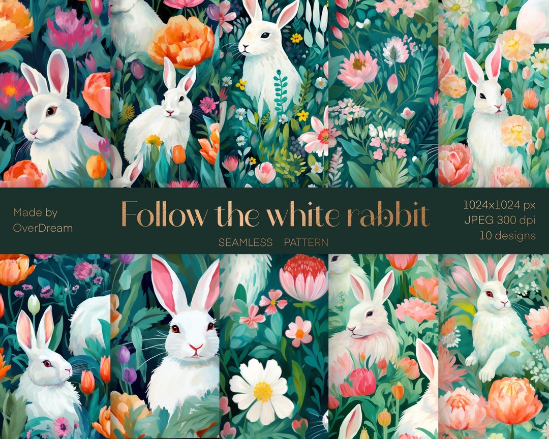 Follow the White Rabbit, Digital Paper, Seamless Pattern, Floral Paper Pack, Rabbit Pattern ...