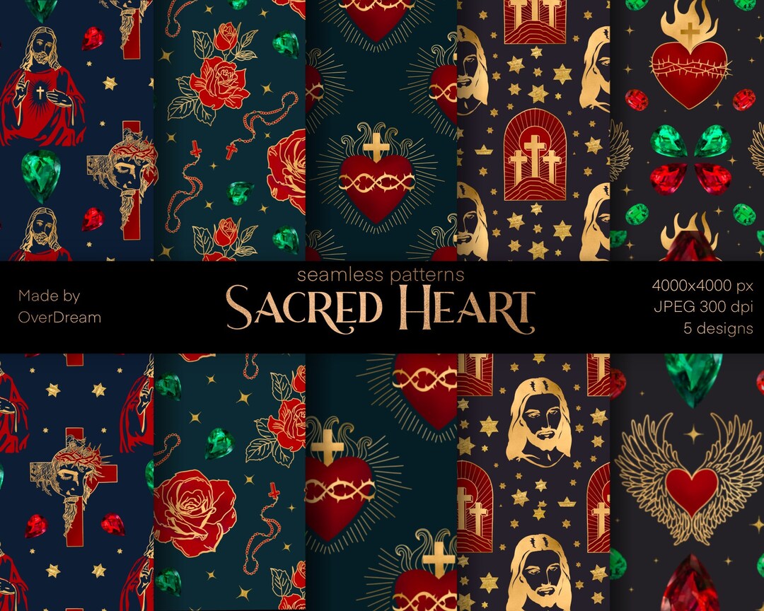SACRED HEART, Seamless Pattern Set, Printable Wrapping Paper, Textile ...