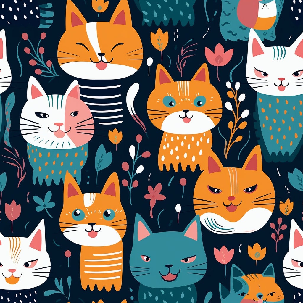 Happy Cats Seamless Pattern, Printable Wrapping Paper, Cats Decor ...