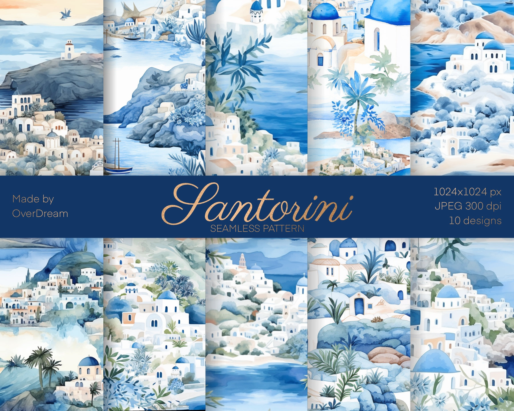 Santorini , Seamless Pattern Set, Printable Wrapping Paper ...