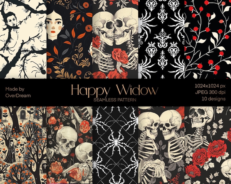 Happy Widow Seamless Pattern Pack, Scrapbooking Craft Supplies, Gothic ...