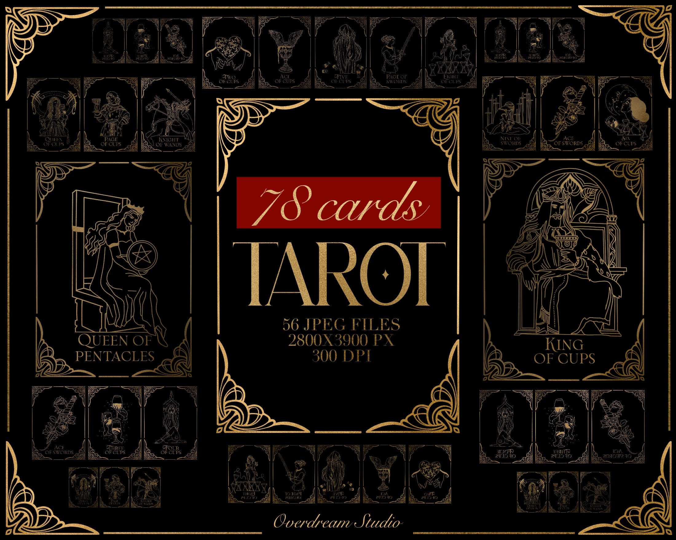 PRINTABLE TAROT, Black Background Tarot Design, Tarot Cards Gold ...