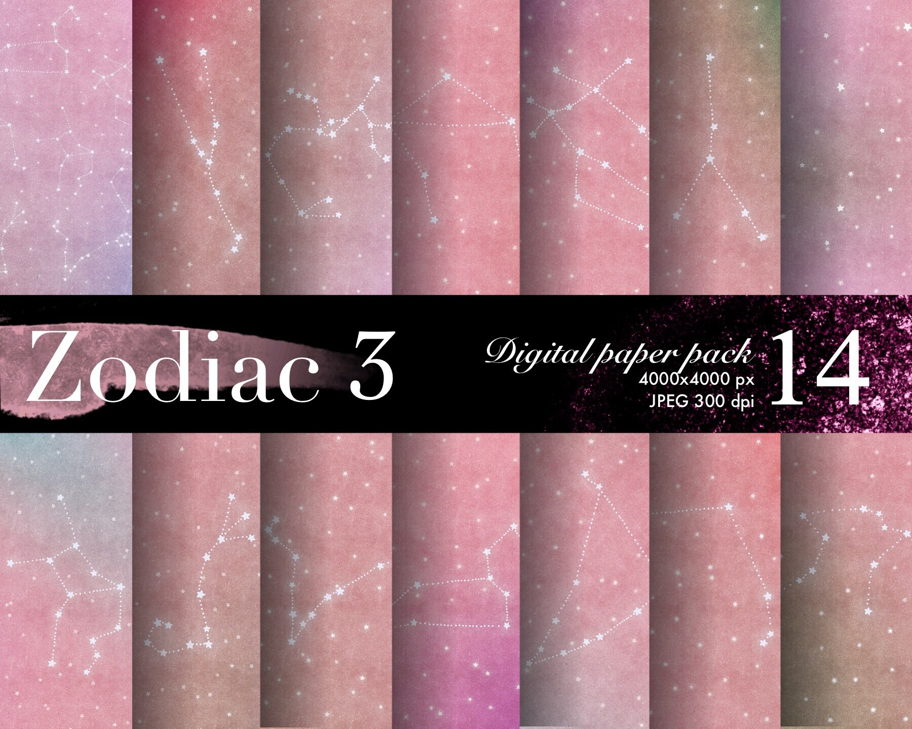 DIGITAL PAPER Bundle, Cute Zodiac Texture Pack, Scrapbooking Craft ...