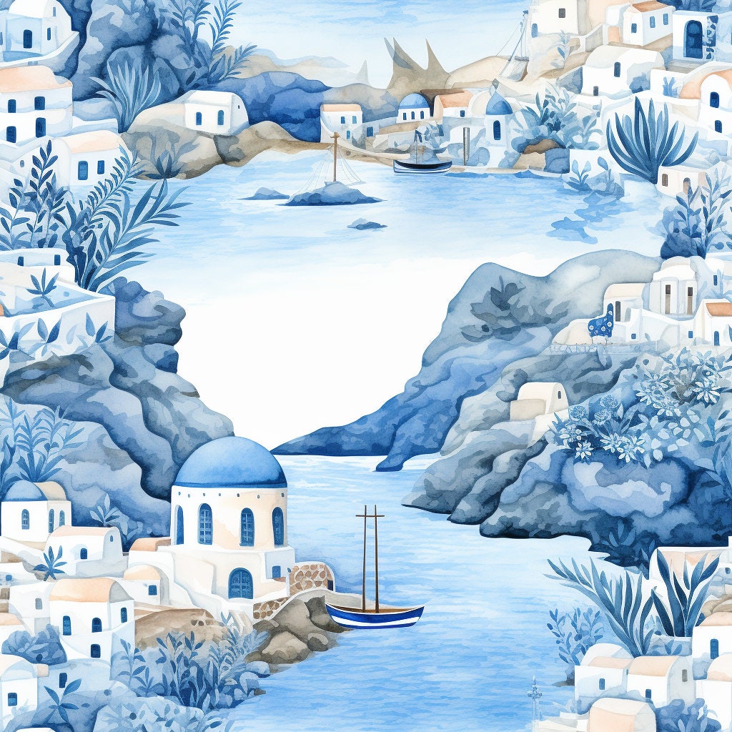 Santorini , Seamless Pattern Set, Printable Wrapping Paper ...